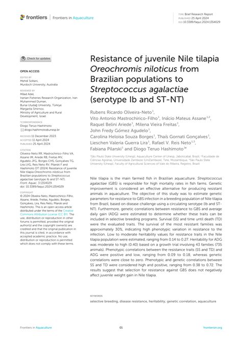 Pdf Resistance Of Juvenile Nile Tilapia Oreochromis Niloticus From