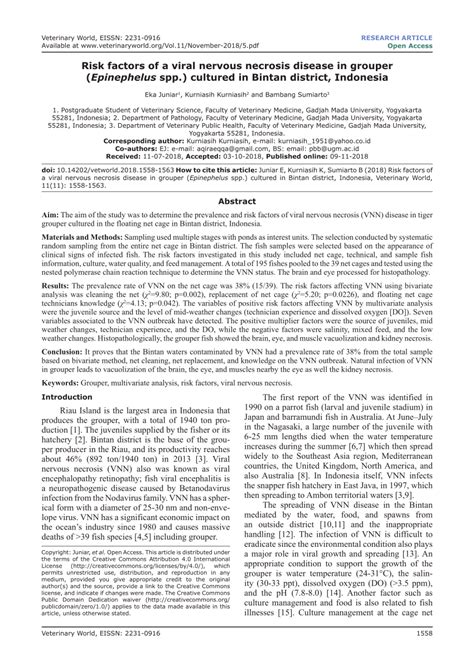 Pdf Risk Factors Of A Viral Nervous Necrosis Disease In Grouper Epinephelus Spp Cultured In