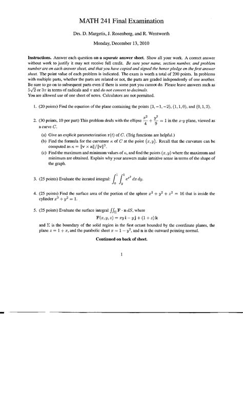 Final Examination Practice Problems On Calculus Iii Math 241 Docsity