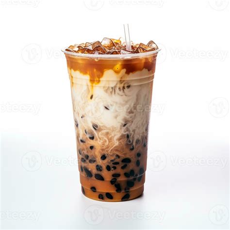 Bubble Tea Glass With Milk Caramel Drink With Ice Cubes And Bubbles