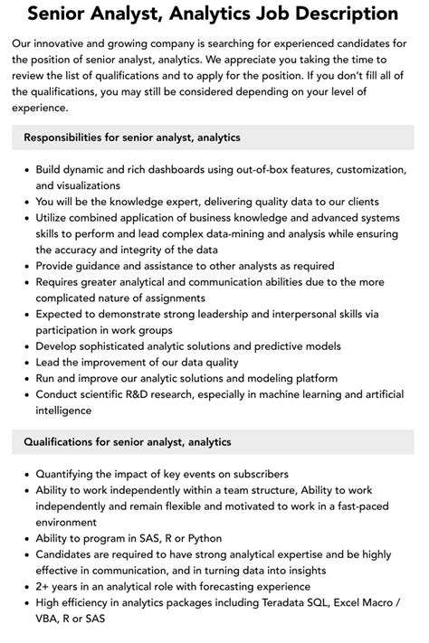 Senior Analyst Analytics Job Description Velvet Jobs