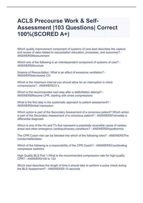 Acls Precourse Work And Self Assessment 103 Questions Correct 100