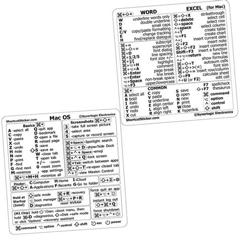 Synerlogic 5 Sets Mac Os Word And Excel Shortcuts Cheat Sheet Sticker Bundle Quick Reference