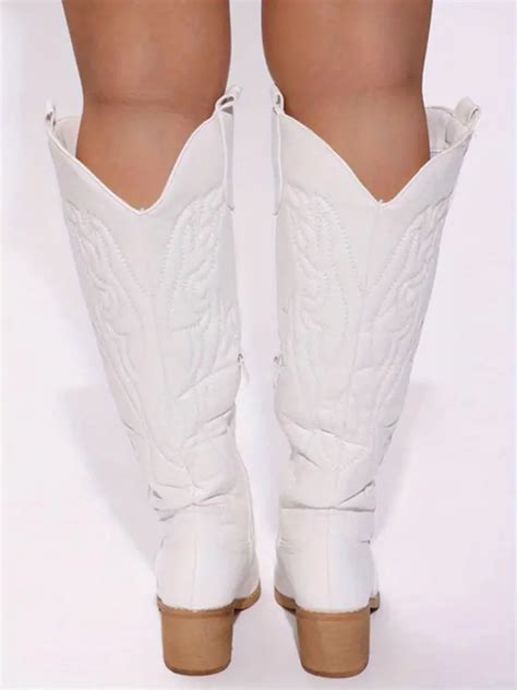 Womens Embroidered Knee High Boots Pointed Toe V Cut Side Temu