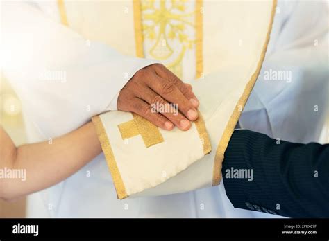 Hands Priest And Couple While Praying Wedding And Commitment In