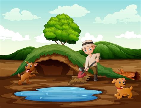 Premium Vector Man Digging Soil With A Shovel Near A Small Pond