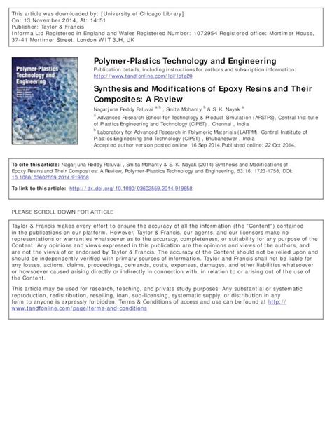 Pdf Synthesis And Modifications Of Epoxy Resins And Their Composites