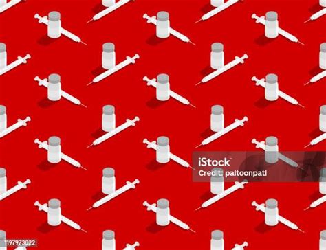 인슐린 과 주사기 3d 등각 투영 원활한 패턴 당뇨병 의료 기기 개념 포스터 및 사회 배너 포스트 스퀘어 디자인 삽화 공간 벡터 Eps 10 빨간 배경에 격리 건강관리와