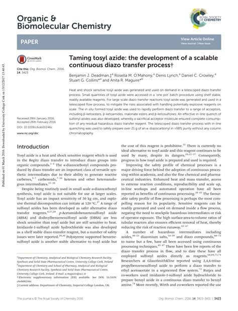 Pdf Taming Tosyl Azide The Development Of A Scalable Continuous
