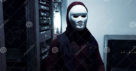 Server Room Hacker And Person With Mask Night And Scam Of Cybersecurity Phishing And Cyber