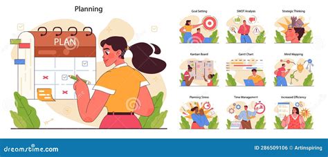 Planning And Organization Of Tasks On Board Set Character Planning Stock Vector Illustration
