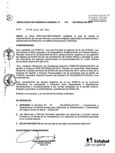 Directiva 20 Gg Essalud 2011 Linamiento Para Garantizar Sostenibiilidad