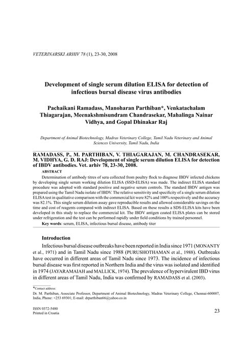 Pdf Development Of Single Serum Dilution Elisa For Detection Of Infectious Bursal Disease