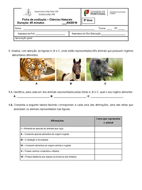 Ficha Avaliação 5ºano Ciências Da Natureza Alimentação Reprodução