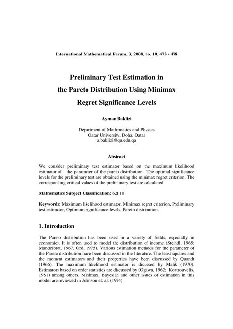 Pdf Preliminary Test Estimation In The Pareto Distribution Using Minimax Regret Significance