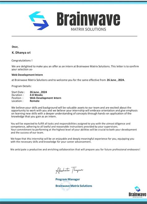 Dhanya Sri Karamsetty On Linkedin 🚀offer Letter As An Intern At