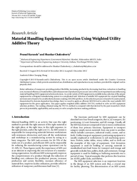 Pdf Material Handling Equipment Selection Using Weighted Utility