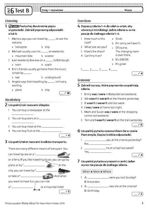 Brainy 5 Unit Test 6 B Test Unit 6 Test B Imię I Nazwisko Klasa