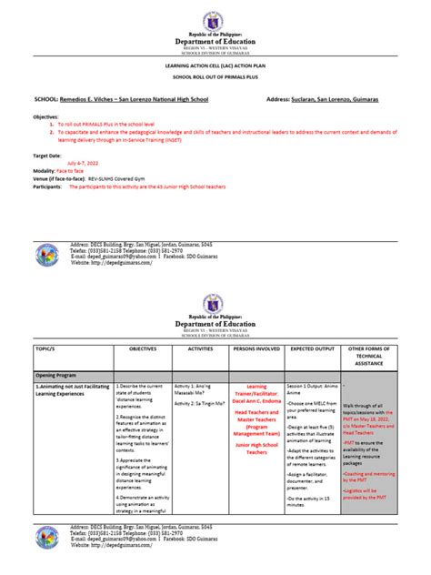 School Lac Plan Primals Plus Pdf Instructional Design