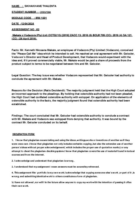 IRM1501 Assignment 02 NAME SIKHAKHANE THALENTA STUDENT NUMBER