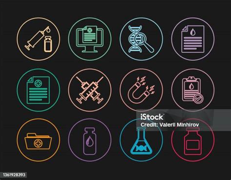 세트 라인 의학 병 혈액 검사와 클립 보드 Dna 연구 검색 교차 주사기 임상 기록 의료 및 유리병 자석 번개와 모니터 아이콘에 벡터 0명에 대한 스톡 벡터 아트 및 기타