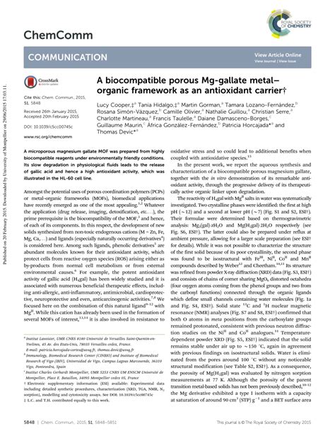 Pdf A Biocompatible Porous Mg Gallate Metal Organic Framework As An Antioxidant Carrier
