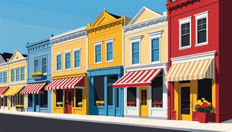 A Row Of Colorful Storefronts On A Sunny City Street Stock Illustration
