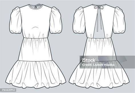풍선 드레스 테크니컬 패션 일러스트레이션 계층 미니 드레스 패션 플랫 기술 도면 템플릿 드레이프 넥타이 전면 및 후면보기 화이트 여성 드레스 Cad 모형 0명에 대한 스톡