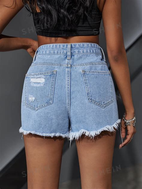 SHEIN Shorts mezclilla desgarro bajo crudo Moda de Mujer SHEIN México