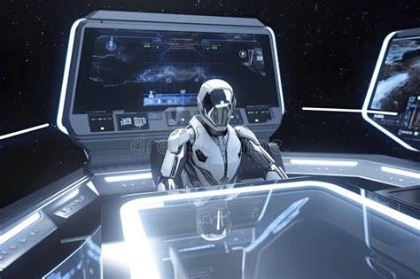 Robot Cyborg In A Control Room Flying A White Modern Spaceship With Window View On Spac Stock