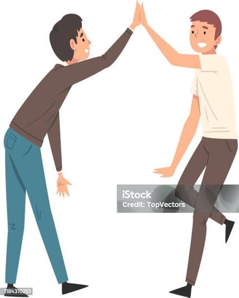 두 남자 주는 하이 파이브 서로 두 사람의 만남 인사말 의 Freinds 또는 파트너 벡터 일러스트 협력에 대한 스톡 벡터 아트