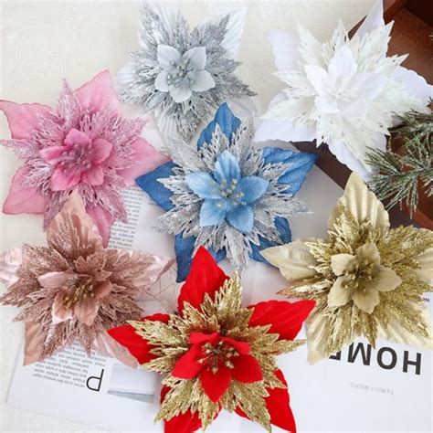 Yespery 18cm Large Christmas Flowers Xmas Tree Ornaments Glitter