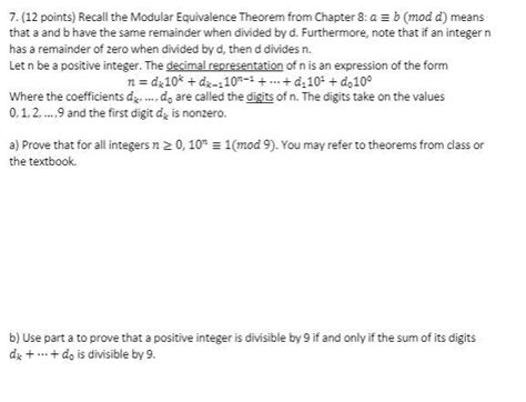 Solved 7 12 Points Recall The Modular Equivalence Theorem