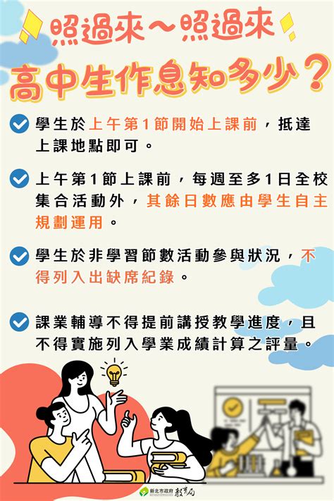 新北學bar 高中生作息知多少 學生於 上午第一節開始上課前，抵達上課地點即可。