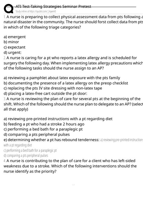 Ati Test Taking Strategies Seminar Pretest Exam Questions And Answers