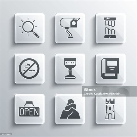 바위 돌 천수각 역사책 중세 잔 개방형 금연 돋보기 및 깨진 고대 기둥 아이콘이 있는 교수형 표지판을 설정합니다 벡터 건축에 대한 스톡 벡터 아트 및 기타 이미지 Istock