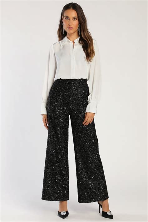 Black Sequin Pants High Rise Pants Black Wide Leg Pants Lulus