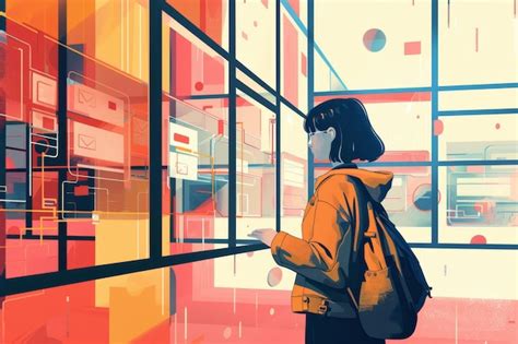 A Woman Stands In A Digital Space Looking Through Glass Panels That