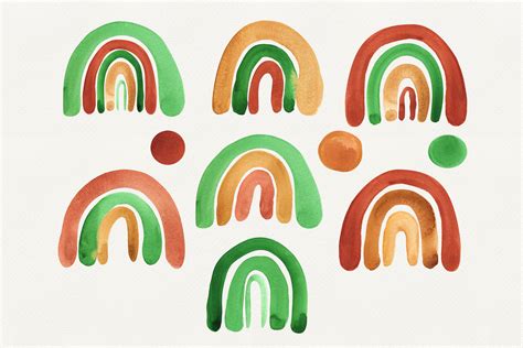Watercolor Boho Rainbow Clipart Hand Painted Terrakota Green Rainbow