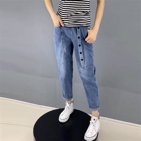 大码牛仔裤女 2021夏秋新款高腰显瘦胖mm200斤小脚九分哈伦老爹裤虎窝淘