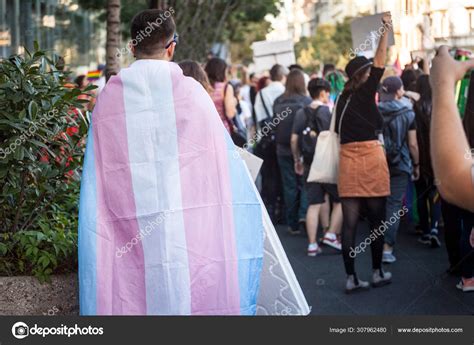 Man Wrapped Transsexual Flag Seen Gay Pride Flag One Symbols — Stock