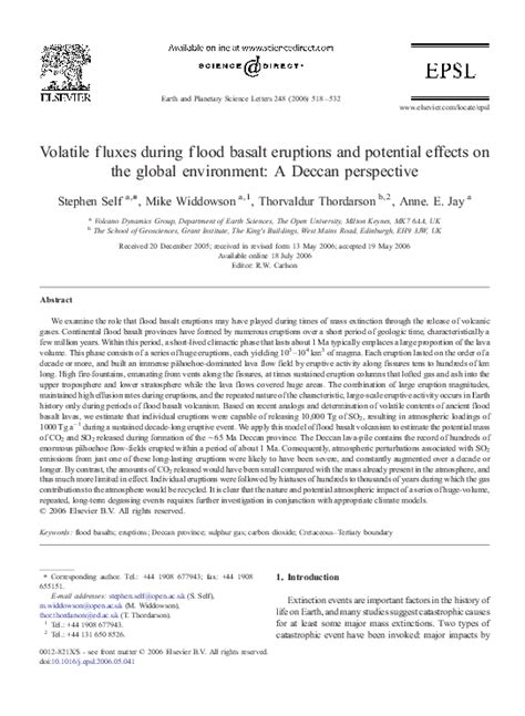 Pdf Volatile Fluxes During Flood Basalt Eruptions And Potential Effects On The Global