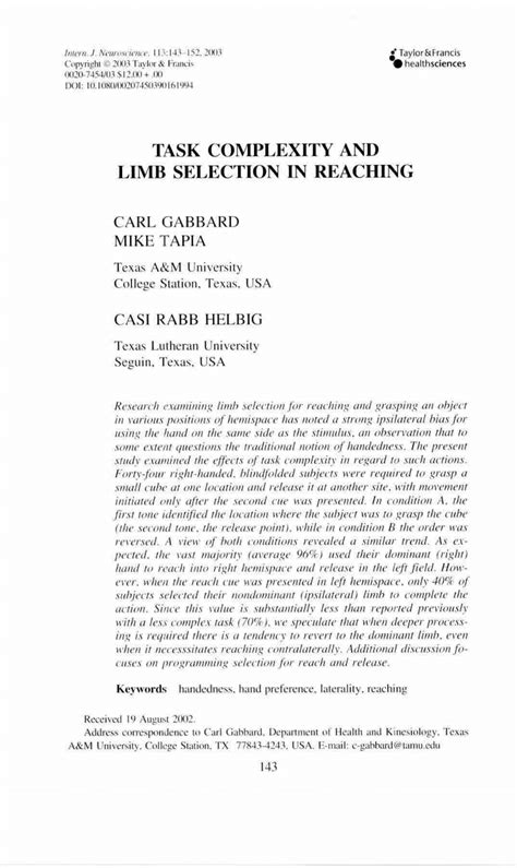 Pdf Task Complexity And Limb Selection In Reaching