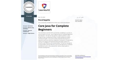 parul bopche on linkedin completion certificate for core java for complete beginners