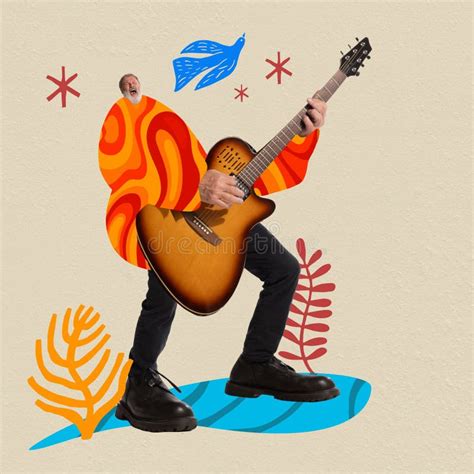 Senior Man Playing Guitar And Singing Over Abstract Background