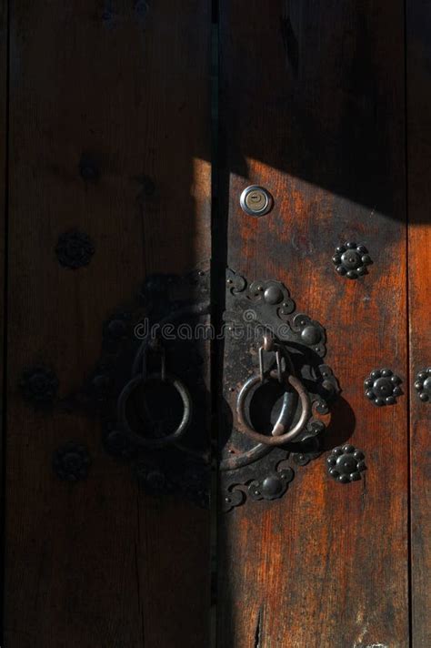 Korean Wooden Door Panels Decorated With Old Black Metallic Ring