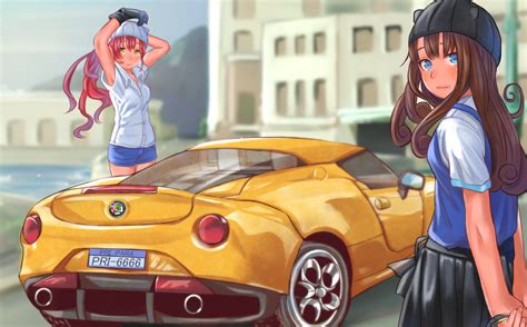 2girls Aquaeyes Blush Brownhair Car Fang Gloves Hat Kurosuaroma Long