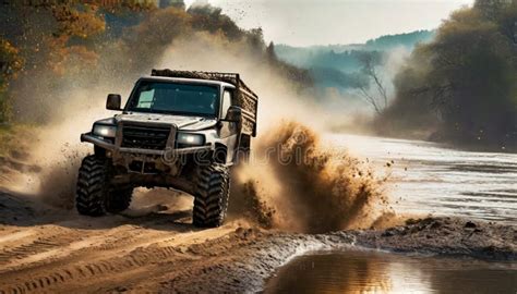 Off Road Monster Truck Driving In Over Sands Vehicle With Big Tires