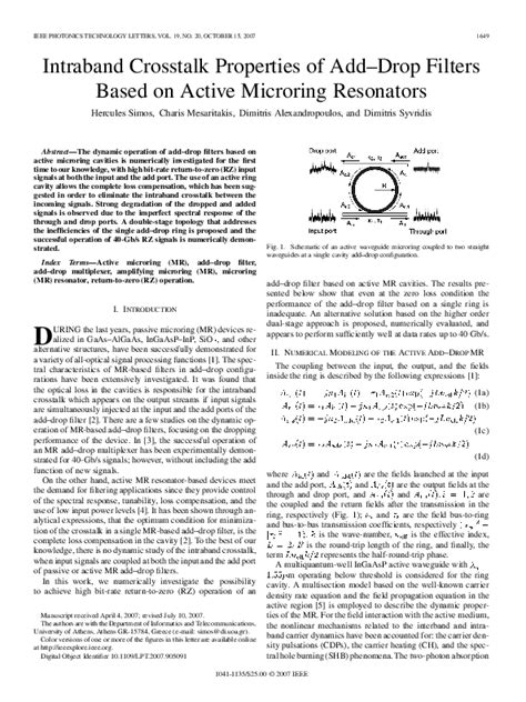 Pdf Intraband Crosstalk Properties Of Add Drop Filters Based On Active Microring Resonators