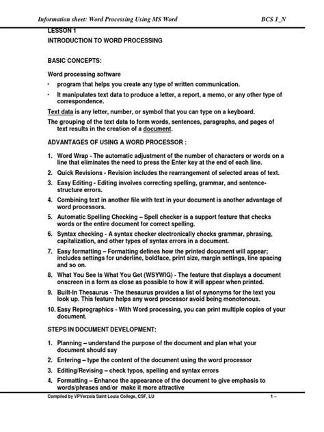 Information Sheet Word Processing Using Ms Word Bcs 1 N Pdf